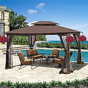 13' x 10' Gazebo for Patio with Mosquito Netting, Outdoor Canopy with Ventilated Double Roof and Corner Shelves, Pergolas for Shade and Rain with Metal Frame, Perfect for Backyard and Deck, Brown Top