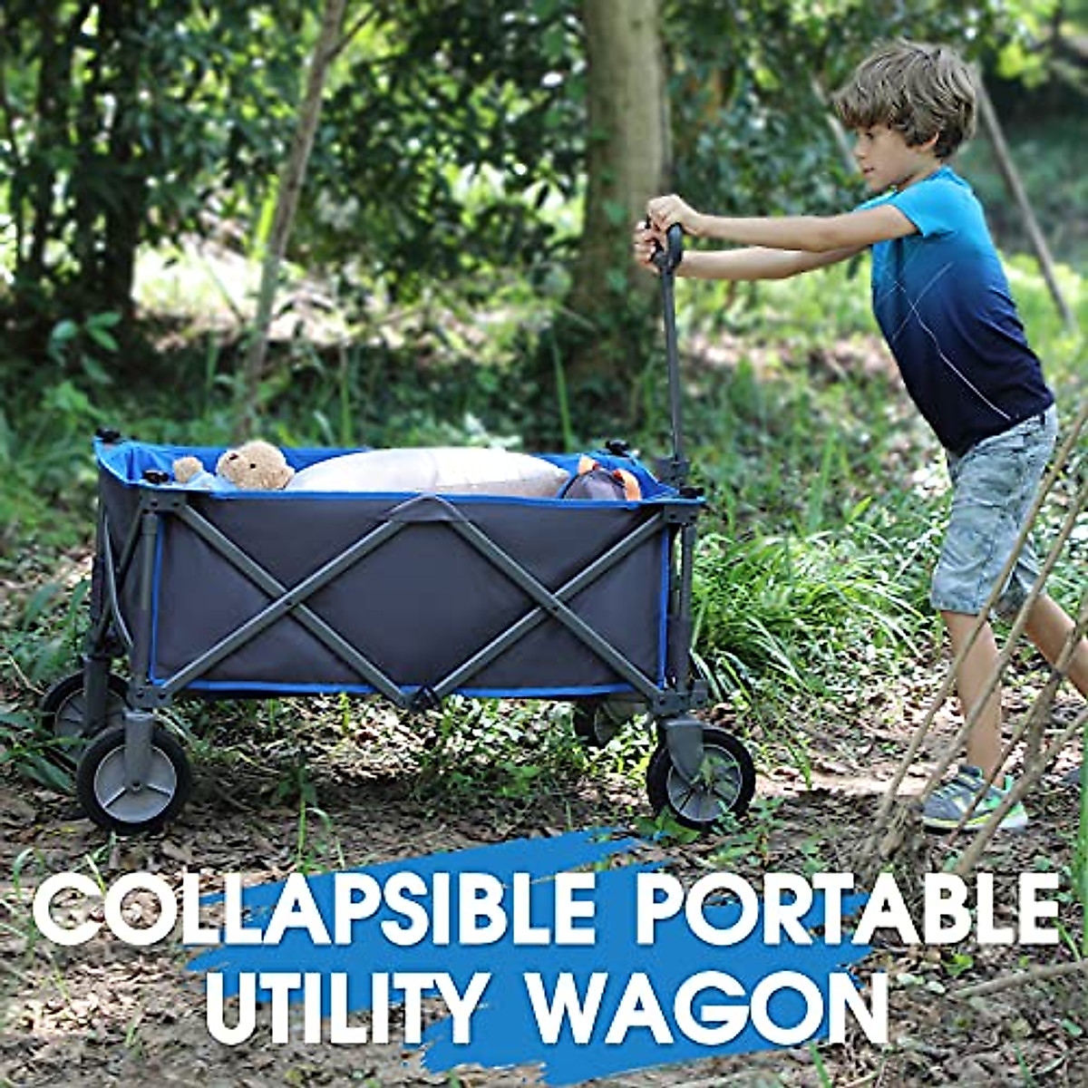 PORTAL Collapsible Folding Utility Wagon Cart Heavy Duty Foldable Outdoor Garden Camping Cart with Removable Fabric, Grey/Blue