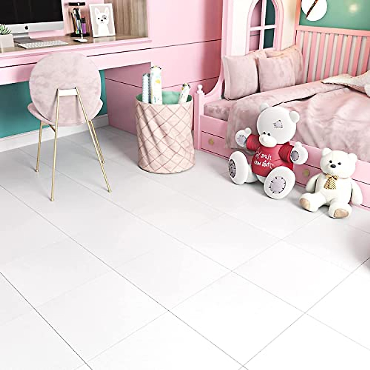 FunStick White Floor Tiles Peel and Stick Waterproof 12x12 In 15 Pcs White Vinyl Flooring Peel and Stick Bathroom Floor Tile Stickers Removable Stick on Laminate Linoleum Flooring for Kitchen Basement