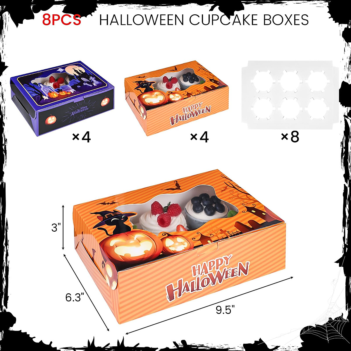 VGOODALL 6 Count Halloween Cupcake Boxes, 8 Sets Halloween Treat Boxes Cupcake Containers with Window for Birthday Holiday Bakery Supplies Halloween Party Decorations 9.5"x6.3"x3"