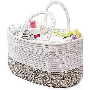 KEN Baby Diaper Caddy Organizer for Boy & Girl – Cotton Rope Diaper Organizer for Changing Table Perfect Basket for All Essentials – Brown White