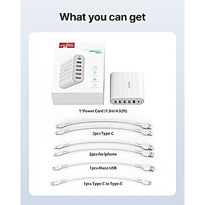 USB C Charger, SooPii 68W Charging Hub, 6 Port USB Charging Station with One 30W PD/PPS Port and One 18W QC Port for Laptops, Phones and Other Electronics, 6 Mixed Charging Cables Included, White