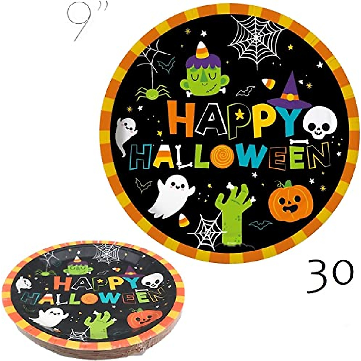 Serves 30 Complete Party Pack Cute Halloween Monsters and Ghosts 9" Dinner Paper Plates 7" Dessert Paper Plates 9 oz Cups 3 Ply Napkins 2 Table Cover Halloween Banner Halloween Party Decorations Halloween Party Supplies