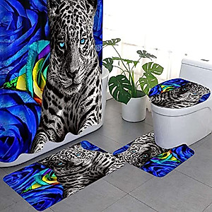 Blue Roses and Leopard Shower Curtains Bathroom Sets with Rugs and Accessories Bellcon 4pcs Animals Bathroom Sets with Toilet Seat Cover and Nonslip Bath Mat for Men and Women
