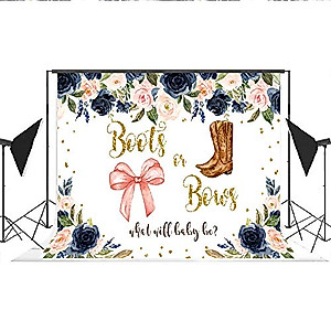 Lofaris Boots or Bows Gender Reveal Photography Backdrop He or She Baby Shower Background Navy Blue Floral What Will Baby Be Newborn Baby Party Decorations Cake Table Supplies Banner 7x5ft