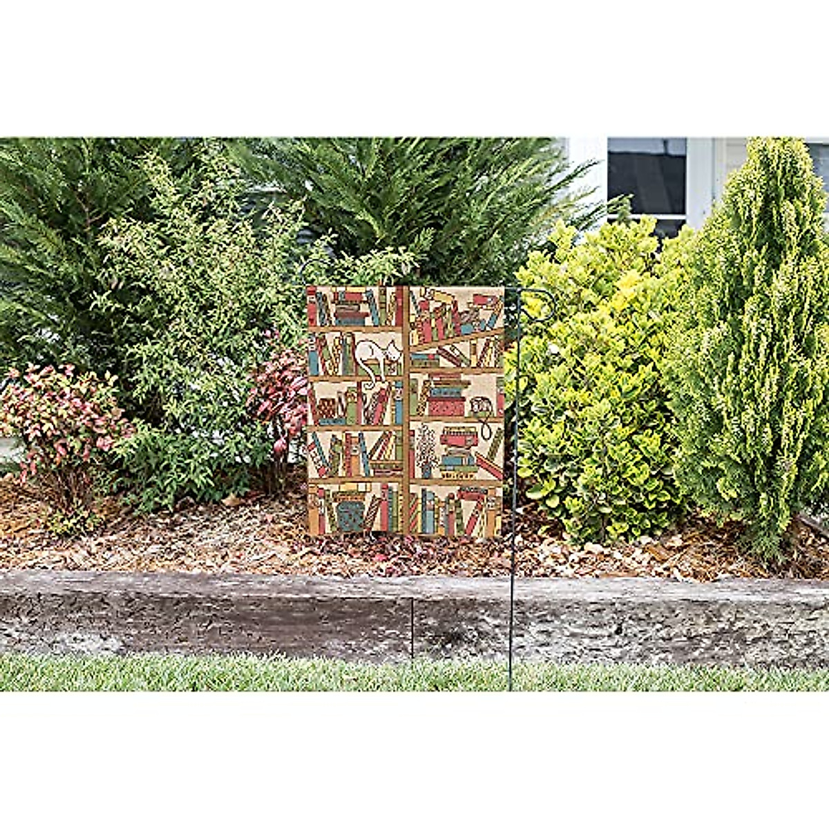 Moslion Book Garden Flag 12.5x18 Inch Cartoon Bookshelf with Cute Sleeping Cat Kitten in Library Yard Flag Burlap Banners Vertical Double Sided for Farm House Outside