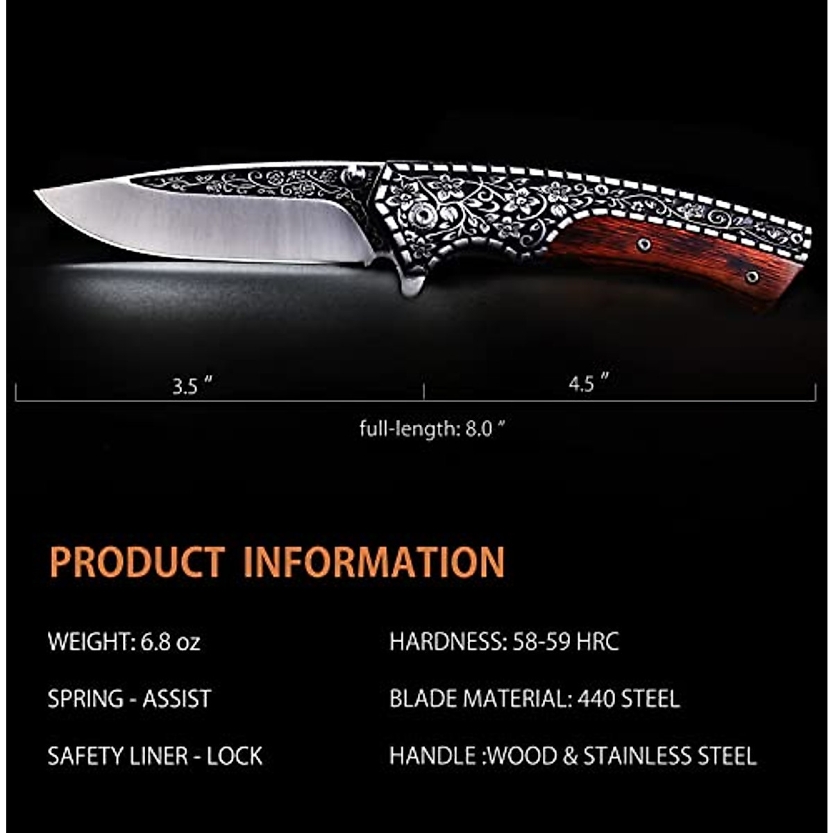 Vividstill Pocket Knife, Spring Assisted Folding Knife With 3D Retro Embossed Pattern, Great Gift EDC Knife For Men Outdoor Camping Hunting Knife
