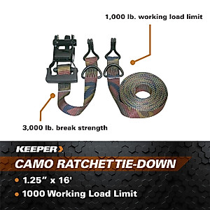 Keeper – 1.25” x 16' Camo Ratchet Tie-Down with J Hooks, 2 Pack - 1,000 lbs. Working Load Limit