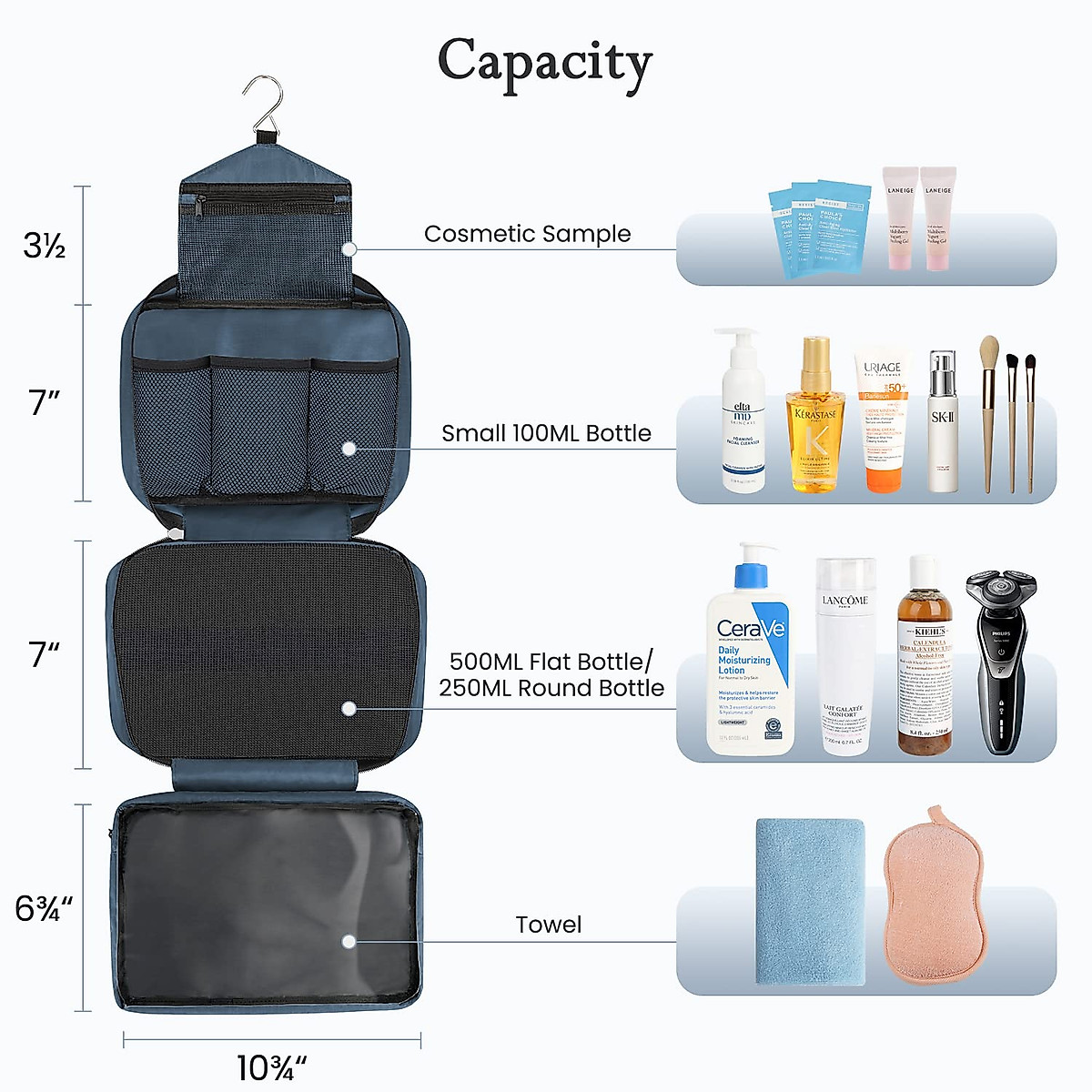 Maliton Hanging Toiletry Bag | Compact Travel Toiletry Bag for Men/Women | Foldable Mens Hygiene Bag with 4 Compartments| Waterproof Travel Bathroom Bag (Navy Blue)