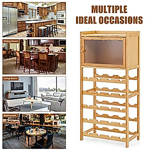 COSTWAY Freestanding Wine Rack, 20-Bottle Wine Display Shelf w/ 100% Bamboo Material, Glass Holder, Transparent Cabinet Door, Vertical Wine Bar Cabinet Organizer for Kitchen, Pantry, Home Bar