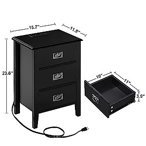 VECELO Nightstands Set of 2 with Charging Station End Bedside Tables with 3 Storage for Bedroom, Living Room, Vintage Accent Furniture, Solid Wood Legs, Three Drawers, Black