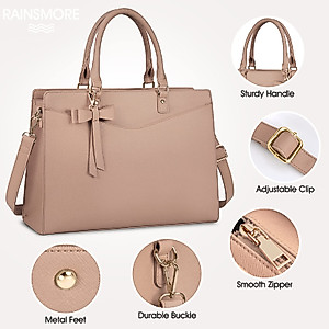 RAINSMORE Laptop Bag for Women 15.6 Inch PU Tote Bag Business Office Work Bag Waterproof Briefcase Computer Tote Lightweight Handbag Shoulder, Khaki