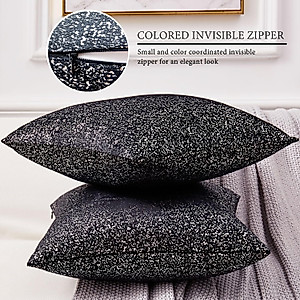 EUCIOR Black and Silver Pillow Covers,Black Pillow Covers 24x24,Light Silver Pillows Both Sides Sparkle Silver Foil Print,Decor Soft Velvet Hidden Zipper Closure Accent Pillows Set of 2