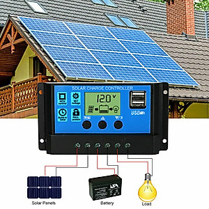 100A Solar Charge Controller 12V 24V PWM Auto Focus Tracking Solar Panel Charge Controller Regulator with Dual USB Port LCD Display Multiple Load Control Modes -Blue