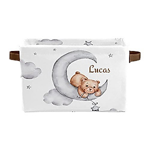 Teddy Bears Moon Clouds Personalized Storage Basket ,Custom Storage Boxs Bins Cubes Organizer with Handle for Bedroom Wardrobe Nursery Basket 1 Pack