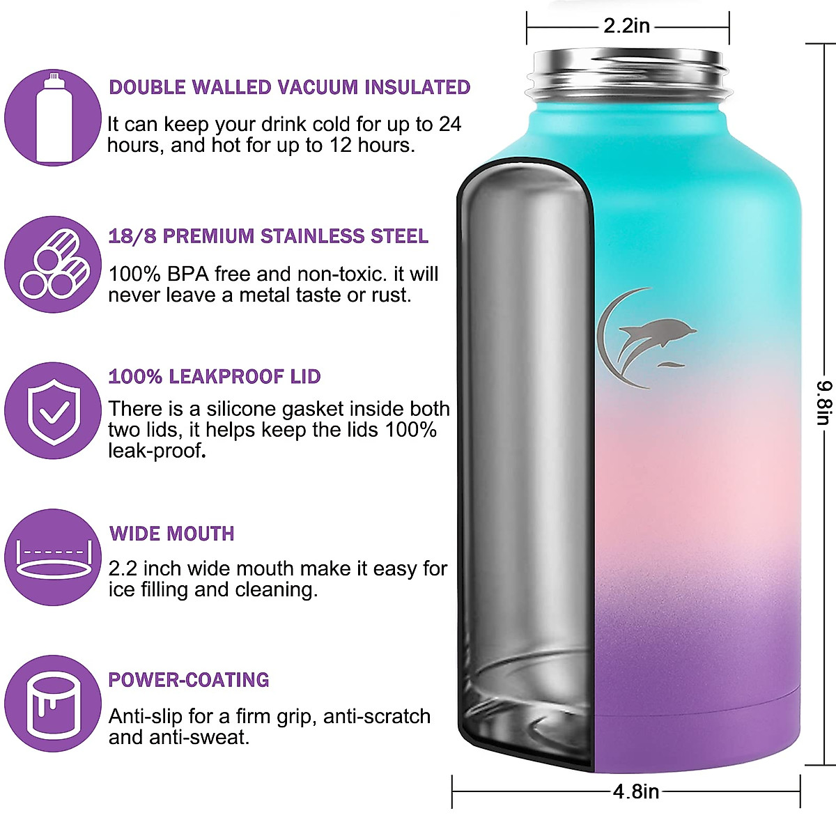 64 oz Insulated Water Bottle,Vacuum Stainless Steel Water Bottle with Straw Lids and Spout Lids,Paracord Handle, Double Wall Leak Proof Without BPA Metal Thermo Mug Water Flask for Sports Outdoor Gym