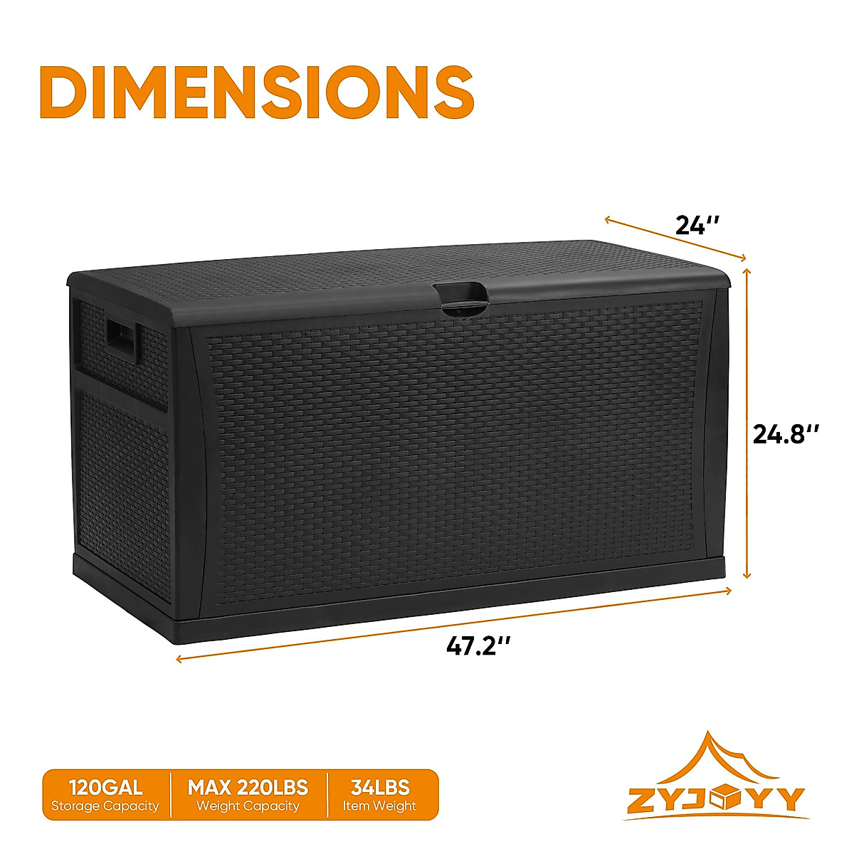 ZYJOYY 120 Gallon Resin Deck Box, Weatherproof Outdoor Storage Box for Patio, Garden, Pool, and Yard, Lockable Waterproof Bin for Tools, Cushions, and Accessories, Black