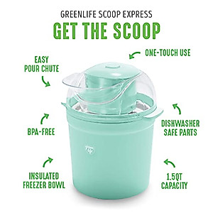 GreenLife 1.5QT Electric Ice Cream, Frozen Yogurt and Sorbet Maker with Mixing Paddle, Dishwasher Safe Parts, Easy one Switch, BPA-Free, Turquoise