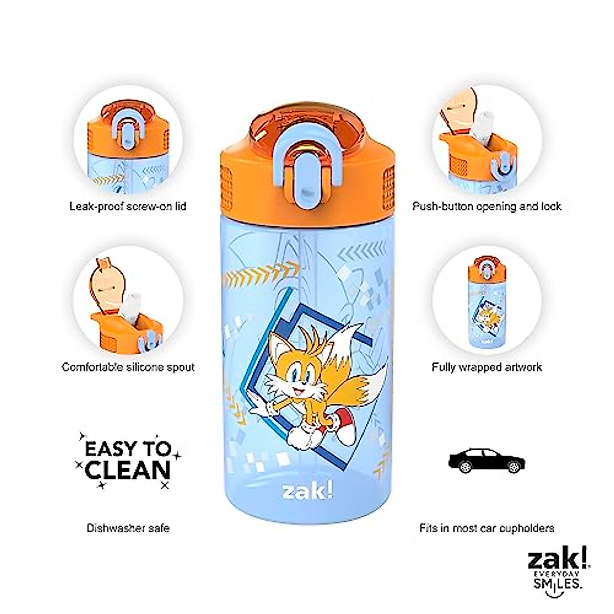 Zak Designs Sonic the Hedgehog Kids Water Bottle For School or Travel, 16oz 2-Pack Durable Plastic Water Bottle With Straw, Handle, and Leak-Proof, Pop-Up Spout Cover (Sonic, Tails)