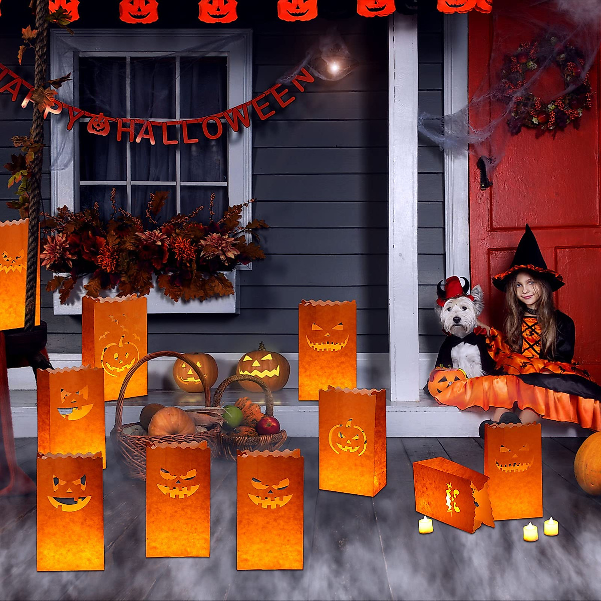 Mimorou 140 Pcs Halloween Pumpkin Bags Luminary Bags Cute Paper Lantern Candle Bags Flame Resistant Halloween Party Decoration, 7 Styles