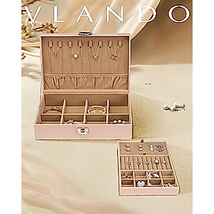 Vlando Jewelry Box for Women Girls 2 Layer Large Jewelry Organizer Storage Case PU Leather Jewellery Stackable Tray for Necklace Earrings Rings Bracelets Home Decor Gifts Beige