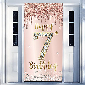 7th Birthday Door Banner Decorations for Girls, Pink Rose Gold Happy 7 Birthday Door Cover Sign Party Supplies, Seven Year Old Birthday Backdrop Poster Background Decor