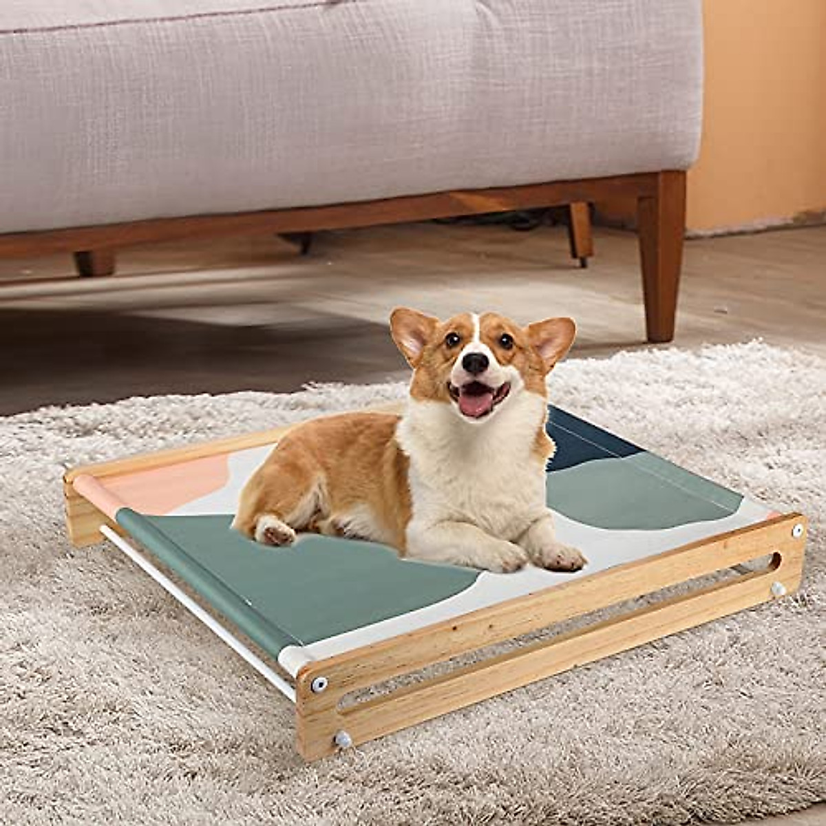 Lkeiyay Elevated Pet Bed for Cat - Wooden Stand Raised Removable Washable Cat Cot for Indoor and Outdoor Cat and Small Size Dogs (Back Shape（Wooden)
