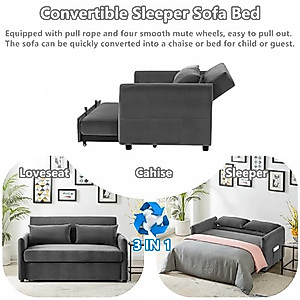 Gynsseh Loveseat Couch Pull Out Bed, 3 in 1 Convertible Sleeper Sofa Bed with Pillows and Storage Pocket, Soft Velvet Love Seat Lounge Sofa Bed Couch for Living Room, Gray