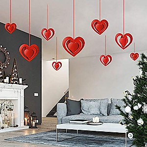 PTFNY 15 Pieces Valentine's Day 3D Heart Hanging Decorations Red Hearts Hanging Ornaments with Red Ribbons Party Supplies for Indoor Outdoor Bridal Shower Anniversary Wedding Party Decorations