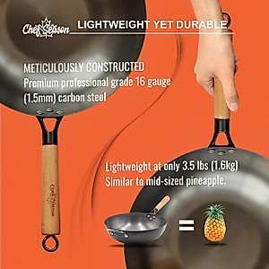 ChefSeason Carbon Steel Wok - 13.4" Flat Bottom Wok for Stir-Frying - Large Uncoated Pre-Seasoned Chinese Wok - fits Electric, Induction, and Gas Cooktops - Free Shopping Bag