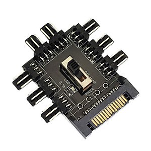 Maxmoral 1-Pack 8 Way PC Fan Hub 3Pin Computer Cooling Fan 2 Level Speed Controller PCB Adapter SATA 1 to 8 Multi Way Splitter