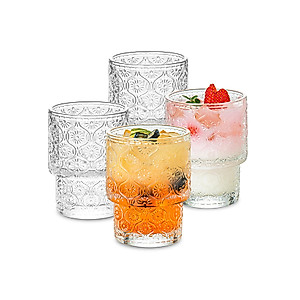Glass Cups Vintage Glassware | Set of 4 Small, Embossed Stackable Pattern Style Transparent Cocktail Glasses Set, Ice Coffee Cup Juice Drinkware, Clear, 190ml (S)