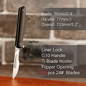 Samior S10 Mini Slim Flipper Folding Scalpel Neck Knife with 10pcs Blades, G10 Handle with Liner Lock, Utility EDC Keychain Pocket Knives with Leather Sheath (Black)