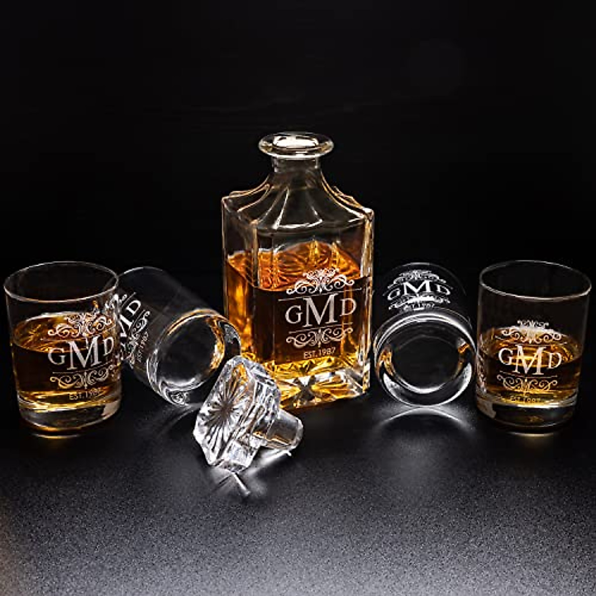 Personalized Whiskey Decanter Set With Glasses - Custom Whisky Drinking Glasses Set of 4 - Engraved Vintage Glassware - Whiskey Gifts for Men, Him, Dad, Birthday, Wedding, Groomsman, Anniversary