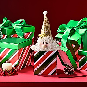 PAPER FAIR 5PCS Christmas Nesting Gift Boxes with Lid, Xmas Nested Box Set, 5 Sizes, Square Stackable, Green Red Stripe Paper Box Tower Décor with Satin Ribbon, for Holiday Thanksgiving New Year