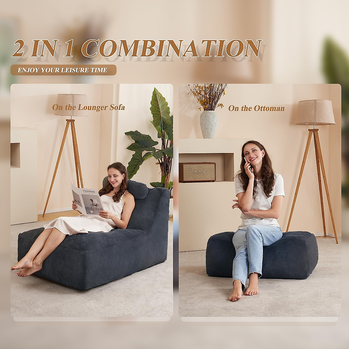 Homguava Bean Bag Chair Large Indoor Beanbag Sofa Lazy Beanbag with Neck Roll&Ottoman Cozy Floor Sofa with Washable Cover&Side Pocket for Bedroom (Dark Grey)