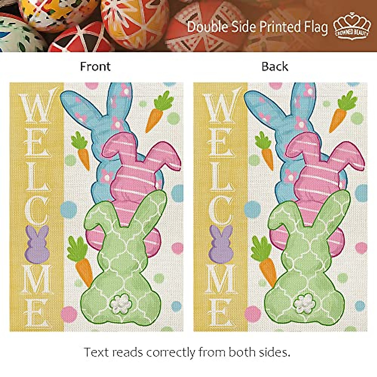 CROWNED BEAUTY Easter Bunnies Tail Garden Flag 12x18 Inch Double Sided for Outside Burlap Small Carrots Welcome Yard Holiday Decoration CF716-12