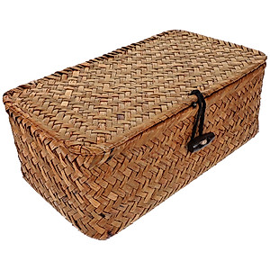 Gatuida Rectangular Wicker Baskets with Lids, Seagrass Storage Baskets with Button Multipurpose Container for Desktop,Size S