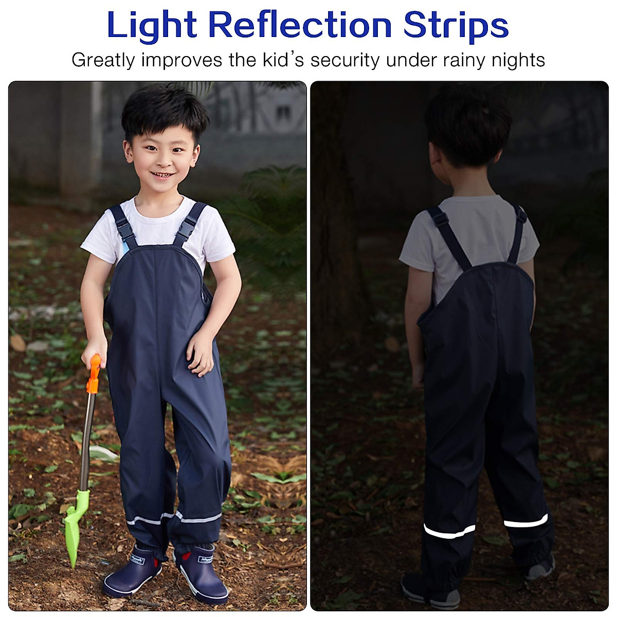 SSAWcasa Kids Rain Pants, Toddler Waterproof Little/Big Boys Girls Pants, Trail and Rain Splash Overalls, Mud Dirty Proof Rain Suspender Trousers (Black, S)