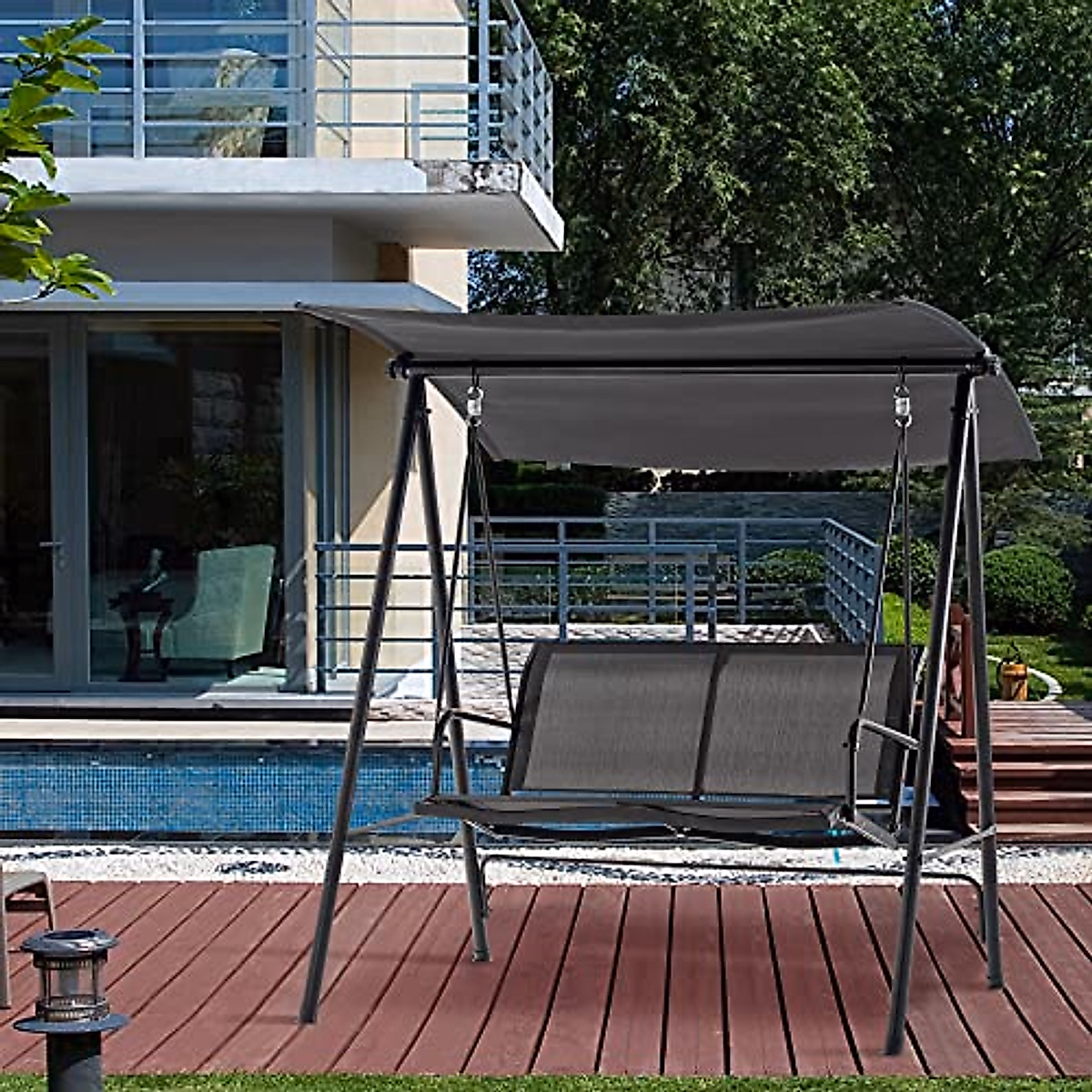 Mcombo 2-Person Patio Swing Chair with Adjustable Canopy Outdoor, Steel Frame Breathable Seats Hanging Porch Swing, 4001 (Grey)