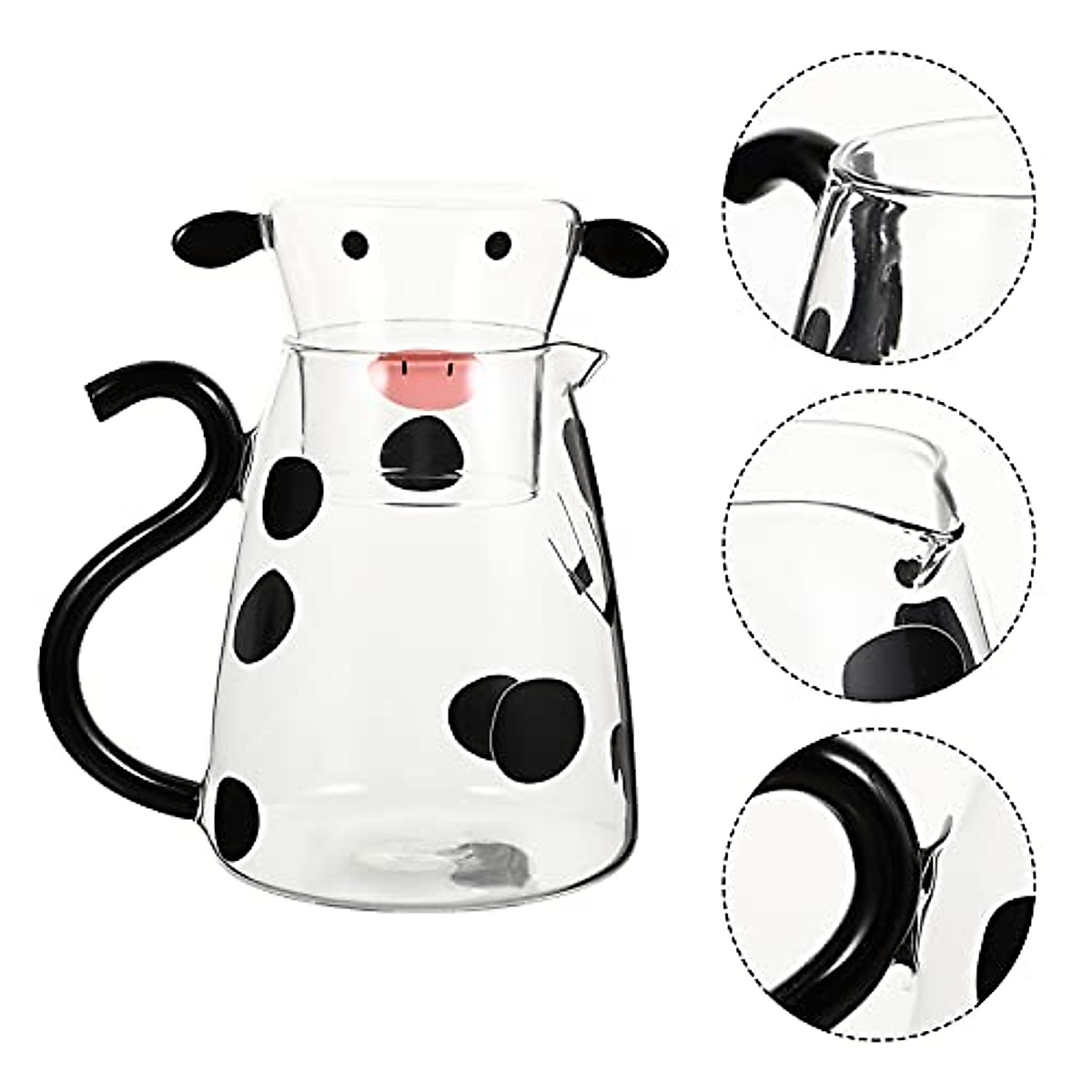 1 Set Glass Carafe Pitcher with Glass Mug Cute Cow Glass Tea Pitcher Kettle Milk Jug Night Water Carafe for Midnight Drink Home Office Hotel 550ml