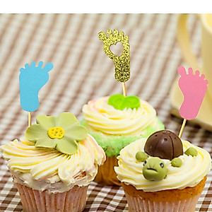 BLUE TOP Pack of 40pcs Little Feet Theme Cupcake Topper Picks Cake Decoration for Boys Girls Birthday Party Valentine's Day Baby Shower Wedding Birthday Event Party Supply