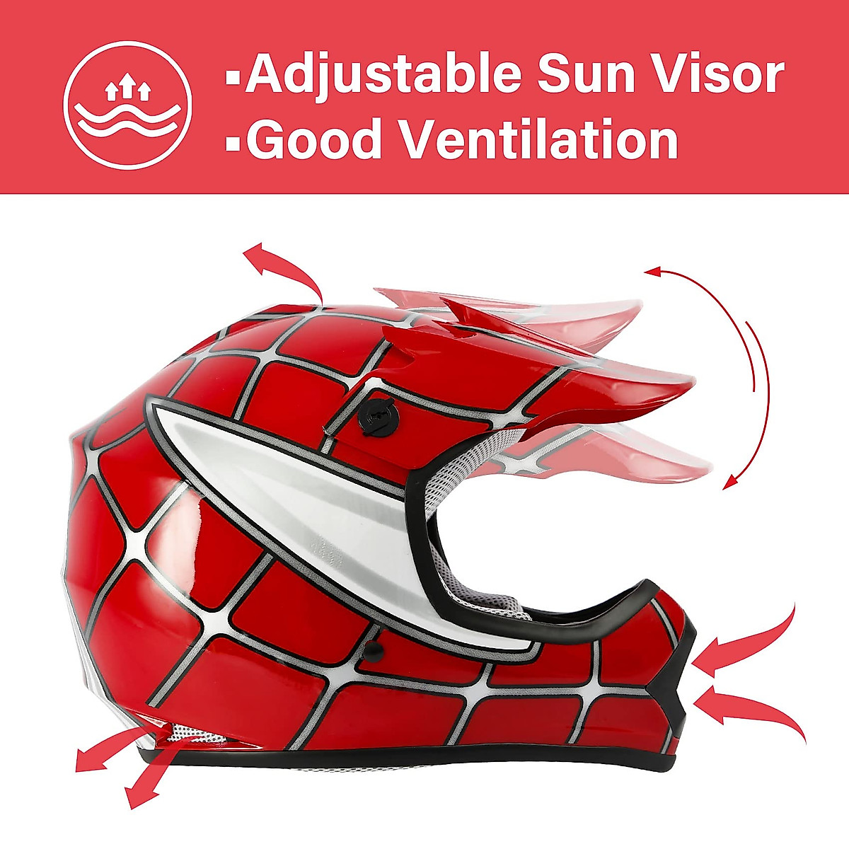 XFMT DOT Youth Kids Motocross Offroad Street Dirt Bike Helmet Youth Motorcycle ATV Helmet with Goggles Gloves Red Spider L