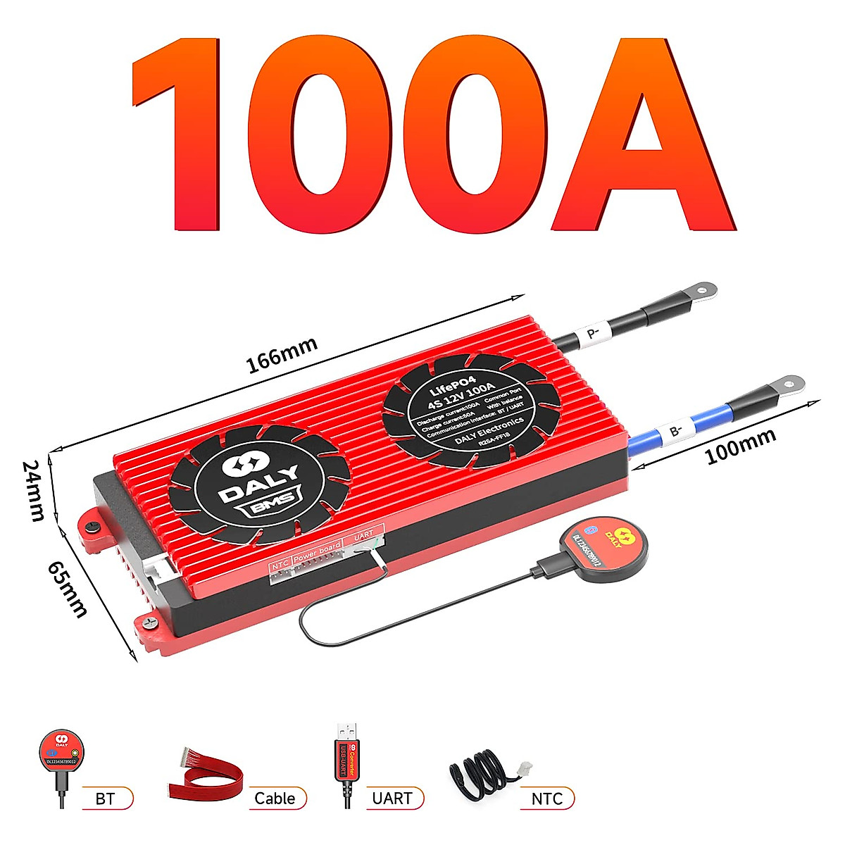 DALY Smart BMS 4S 12V 100A LiFePO4 PCB Protection Board with Balance Leads, Wires 3.2V Battery Protection Module BMS for 18650 Battery Pack 12V with UART(Smart BMS,100A)