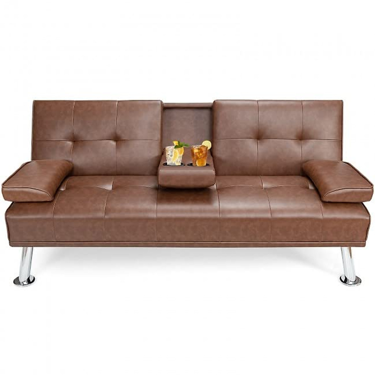 POWERSTONE Leather Futon Sofa Bed Convertible Folding Couch for Living Room Sectional Sleeper Sofa for Small Space with Cup Holder and Removable Armrest Brown
