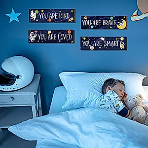 4 Pieces Space Decor Boys Room Space Posters Boy Bedroom Wall Decor Spaceman Wood Sign Inspirational Space Wall Art Boys Bedroom Decor Space Motivational Quote for Baby Kids Classroom Nursery