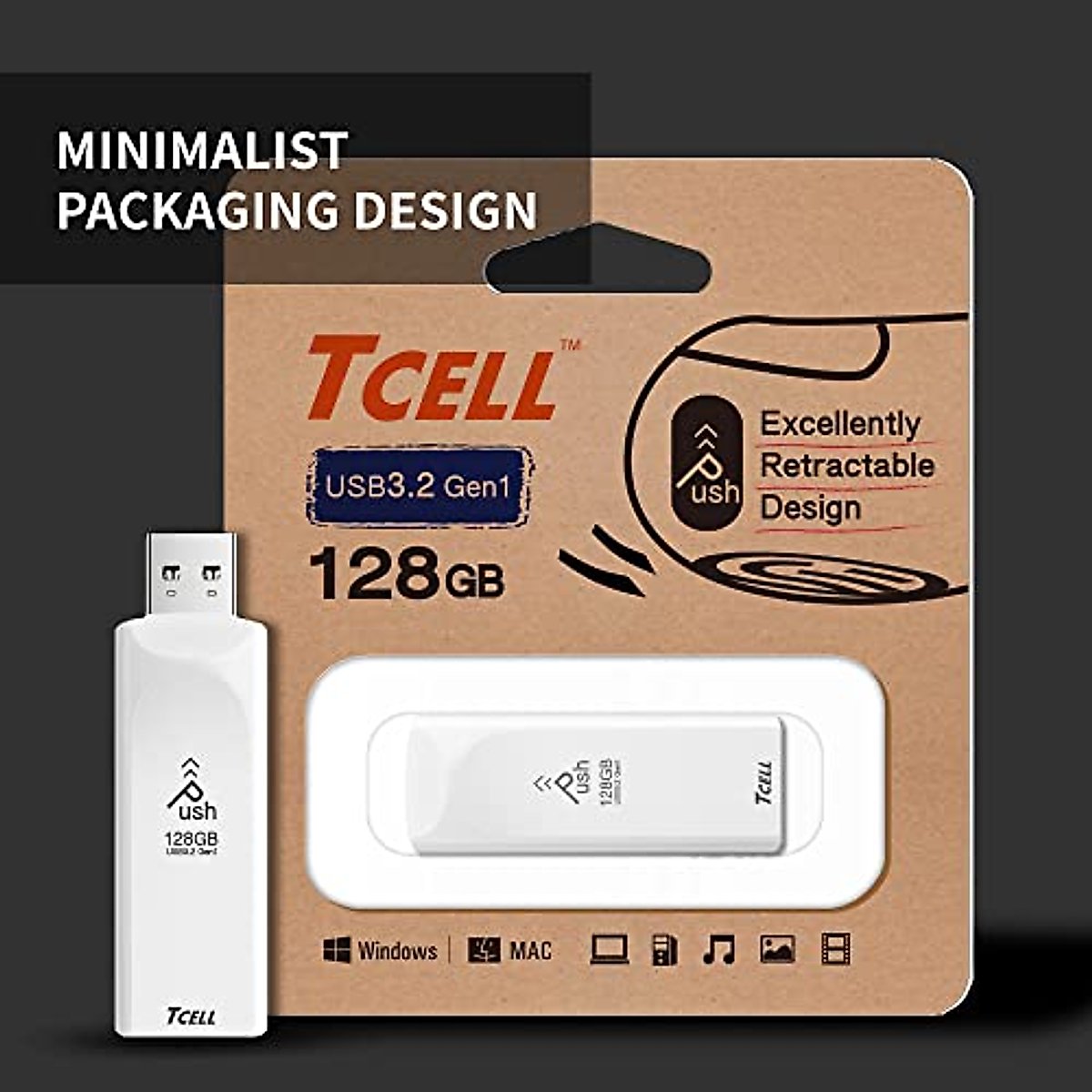 TCELL Push 128GB USB 3.2 Gen1(3.1/3.0) USB Flash Drive Read Speed up to 100MB/s, Retractable Design Memory Stick Thumb Drive, White