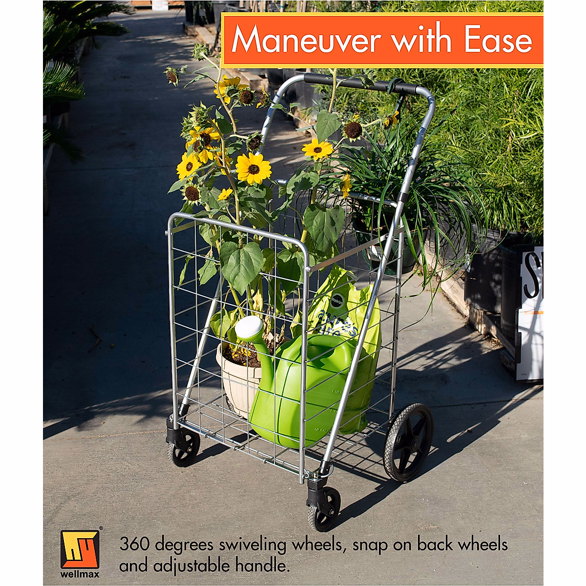 Wellmax Grocery Shopping Cart with Adjustable Handle and Swivel Wheels, Heavy Duty Foldable and Collapsible Utility Cart