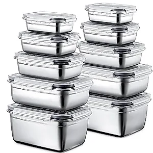 Nuanchu 10 Pcs Stainless Steel Food Storage Containers with Lids Metal Meal Prep Containers Rectangular Bento Lunch Box Set Leak Proof Airtight for Adults Dishwasher Microwave Refrigerator (Dark Gray)