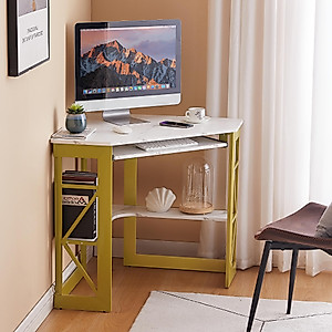 VECELO Corner Desk Computer Desk Writing Table with Smooth Keyboard Tray & Storage Shelves,Compact Home Office Triangle Table,Gold & White